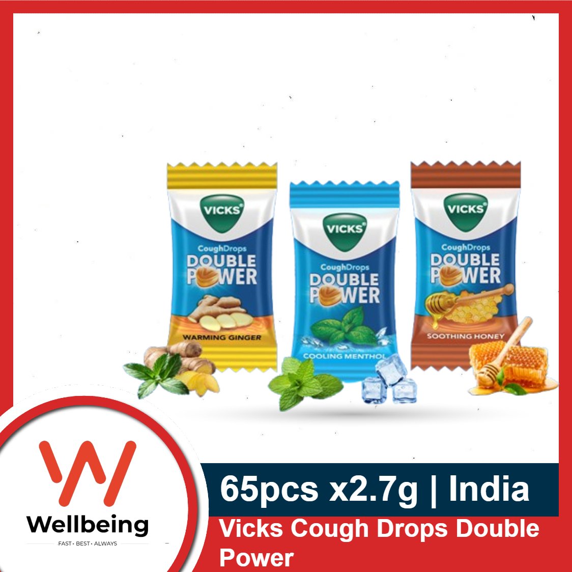 Vicks Cough Drops 2.7g x 65 Mix Packs – Ginger, Menthol, & Honey Flavor ...